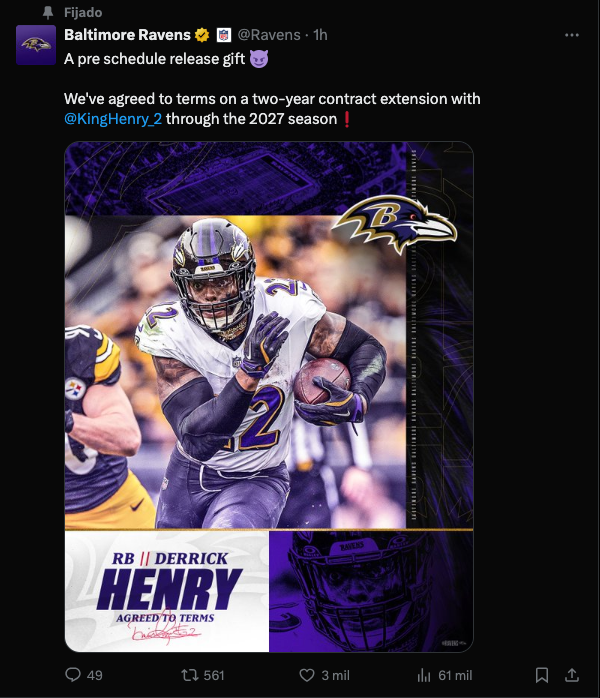 Los Ravens llegan a una extensión de contrato con el corredor Derrick Henry